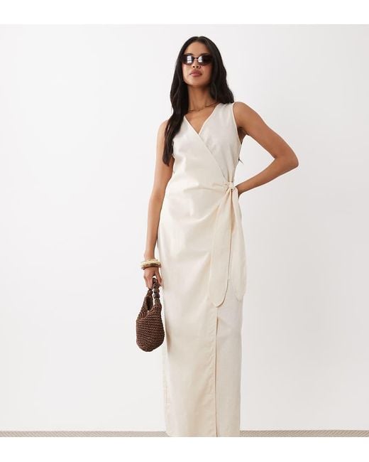 Kaiia Exclusive Linen Blend V-neck Wrap Tie Front Maxi Dress in Natural ...
