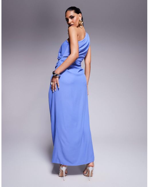 ASOS One Shoulder Draped Crepe Midaxi Dress With Split in Blue | Lyst
