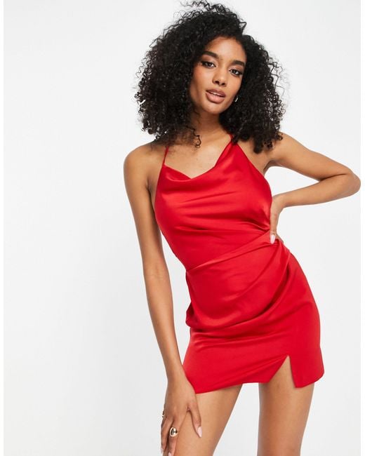 Asos Satin Halter Neck Backless Mini Dress With Waist Detail In Red