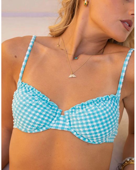 South Beach X Misha Grimes Glitter Gingham Underwire Bikini Top in Blue | Lyst