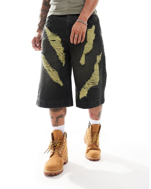 ASOS Longer Length Denim Jorts With Heavy Rips in Green for Men | Lyst UK