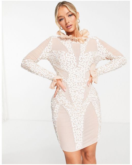 ASOS Embellished Contour Mesh Mini Dress With Ruffle Neck And Sleeve in ...