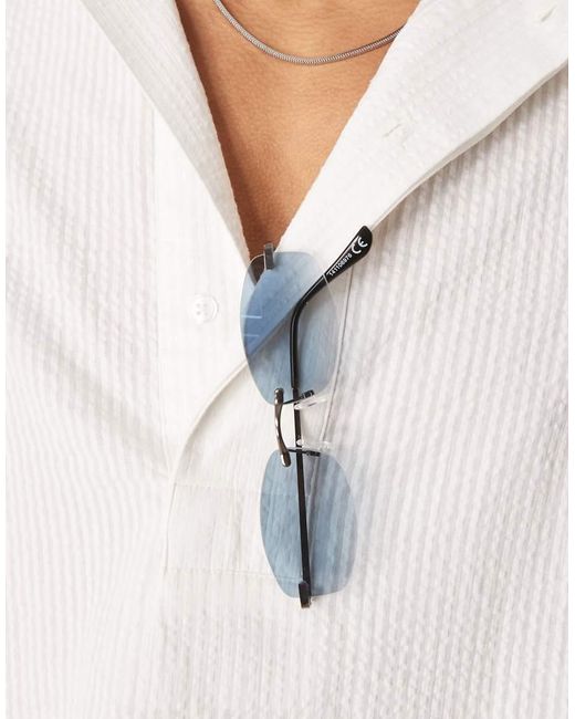 ASOS Round Rimless Sunglasses With Blue Lens And Gunmetal Temples in ...