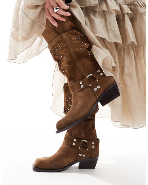 Stradivarius Real Suede Slouchy Western Boot With Studs in Natural | Lyst