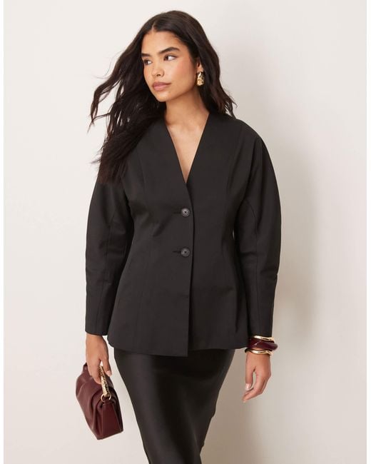 ASOS Nipped Waist Collarless Blazer in Black | Lyst