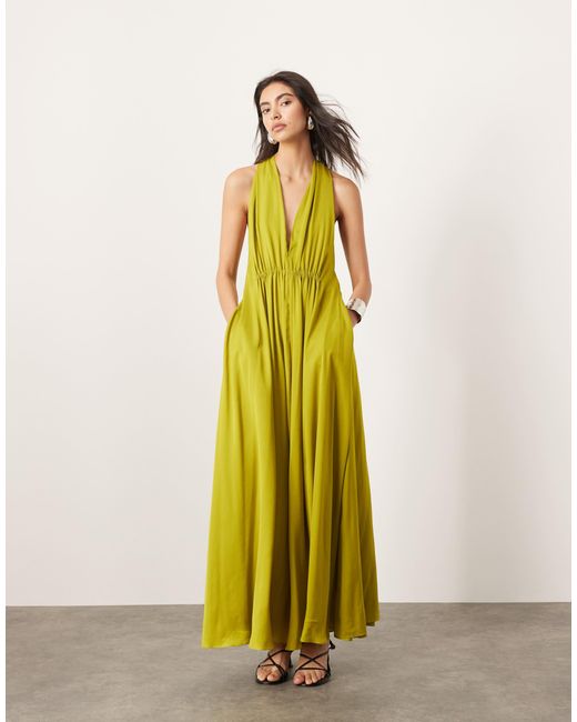 ASOS Satin Halter Maxi Dress With Pockets Ruched Detail in Green | Lyst