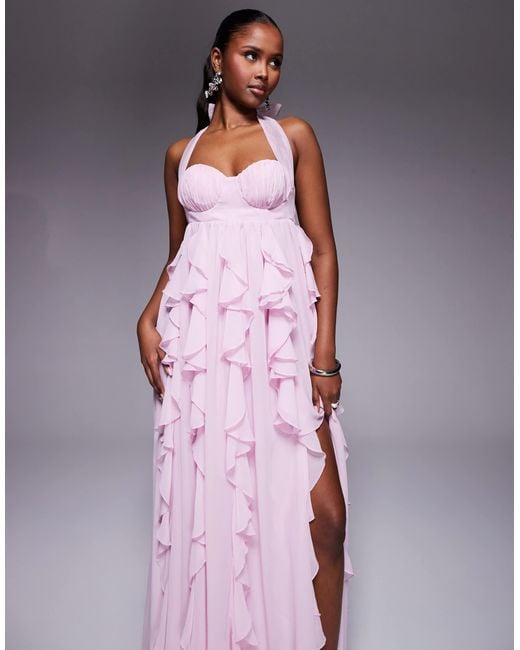 ASOS Halter Maxi Dress With Waterfall Ruffles in Purple | Lyst