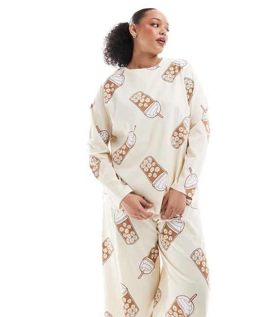 ASOS Asos Design Curve Iced Coffee Long Sleeve Top And Trouser Pyjama ...