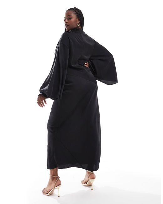 ASOS Asos Design Curve Satin Wrap Maxi Dress With Drape Bodice And Kimono Sleeve in Black | Lyst