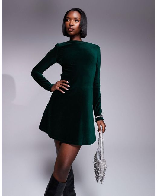 ASOS Velvet Cord V Back Skater Mini Dress in Green | Lyst