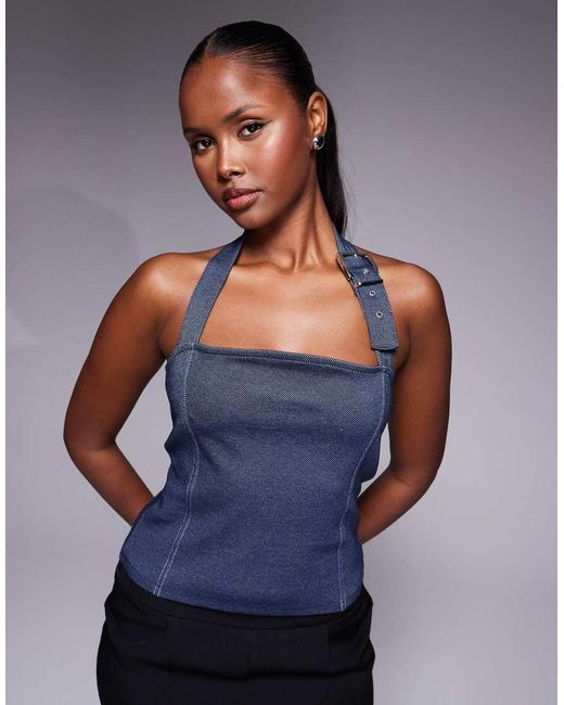River Island Denim Halter Neck Top in Blue | Lyst UK