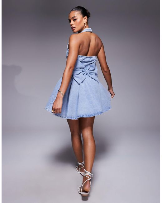 River Island Open Back Bow Detailed Mini Dress in Blue | Lyst