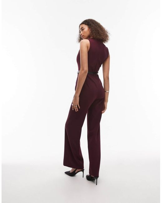 Mango High Neck Belted Jumpsuit in Red | Lyst