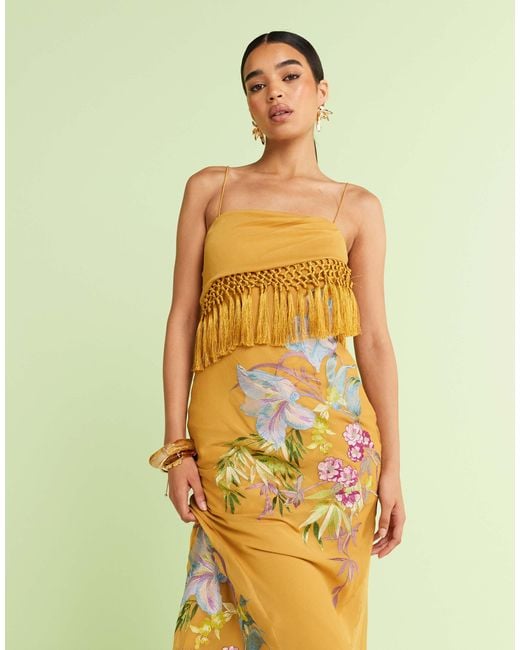 ASOS Fringe Detail Embroidered Maxi Dress in Yellow | Lyst