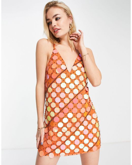 Asos Embellished Cami Mini Dress With Disc Sequin Detail In Orange Lyst