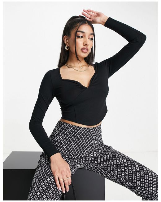 Miss Selfridge Long Sleeve Crop Top With Sweetheart Neckline In Black