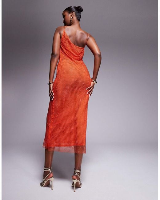 ASOS Cowl Neck Fishnet Hotfix Midi Dress With Hitched Drape Skirt in ...