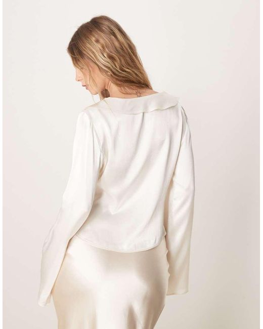 ASOS Satin Ruffle Tie Front Blouse in Natural | Lyst UK