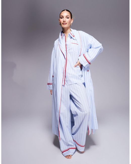 ASOS Woven Stripe Robe With Rick-rack Trim in Blue | Lyst