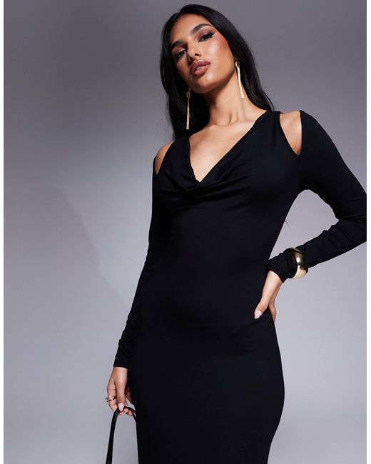 ASOS Cowl Neck Long Sleeve Midi Dress With Cut Outs in Blue | Lyst