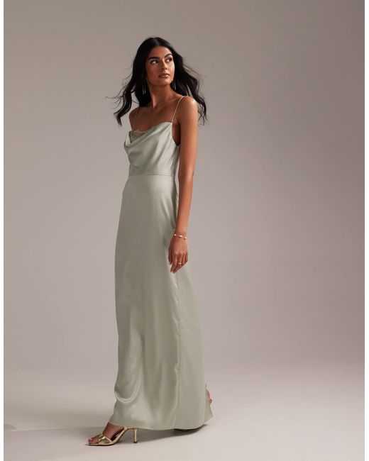 ASOS Bridesmaids Lace Detail Column Satin Maxi Dress in Brown | Lyst