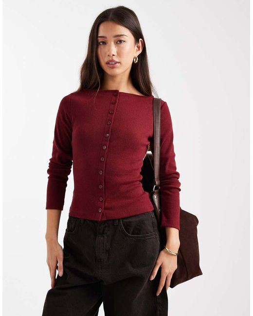 ASOS Neat Fit Mini Rib Button Through Top in Red | Lyst UK