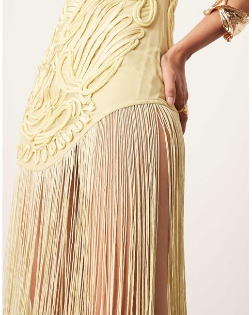 ASOS Embroidered Satin Cornelli Maxi Dress With Fringe Detail in Natural | Lyst