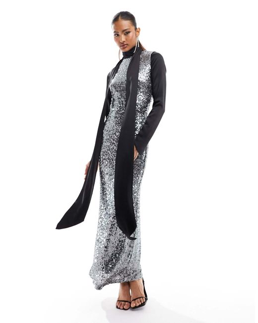 DASKA Sequin Maxi Dress With High Neck in Black | Lyst