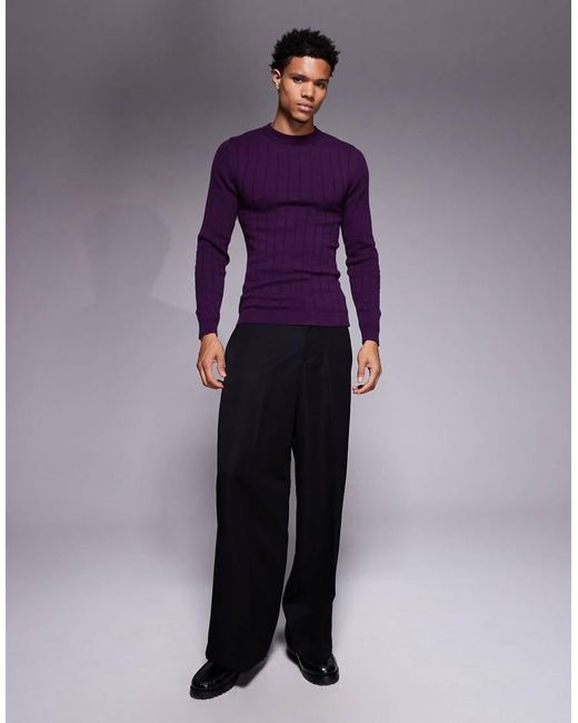 ASOS Muscle Fit Long Sleeve Knitted Rib T-shirt in Purple for Men | Lyst UK