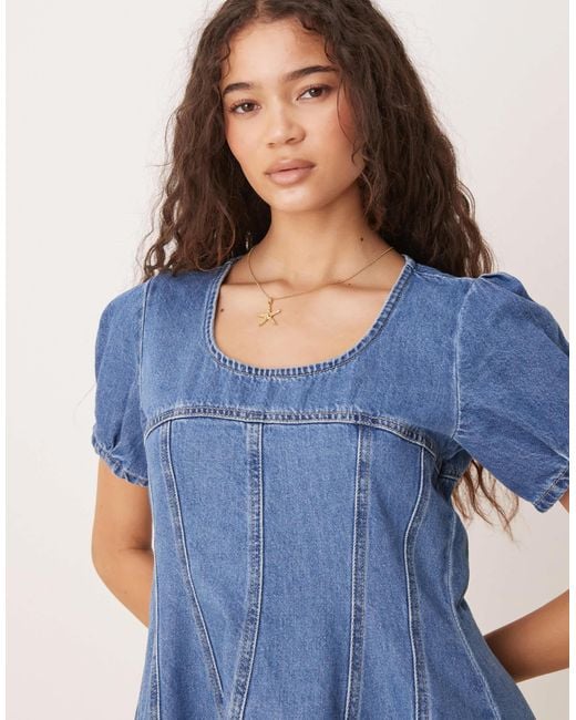 ASOS Denim Short Sleeve Mini Dress With Seamed Detail in Blue | Lyst