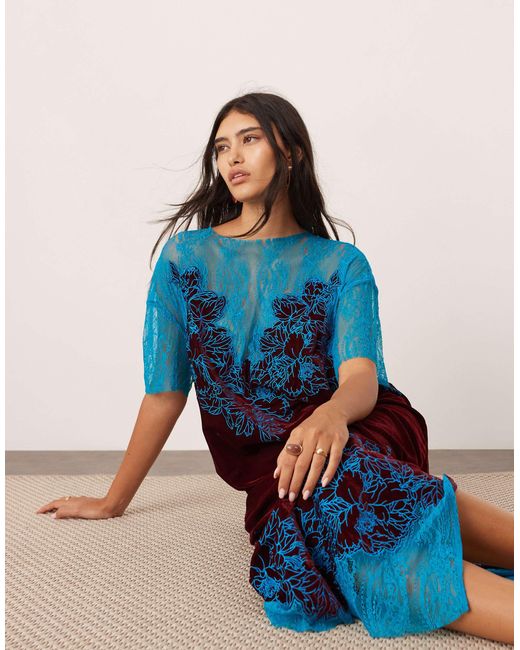 ASOS Velvet Lace Applique Embroidered Column Midi Dress in Blue | Lyst