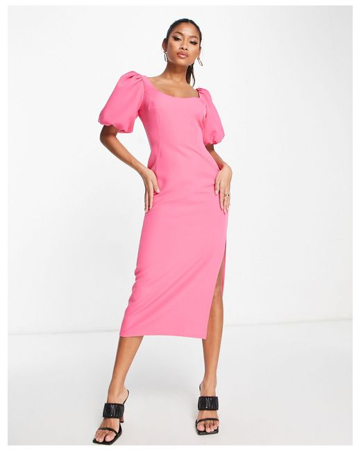 Asos Puff Sleeve Midi Dress With Asym Neck Line In Pink Lyst Australia