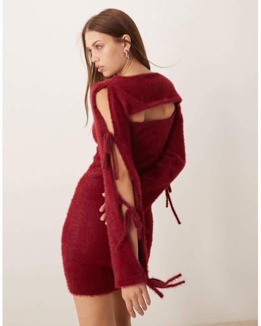 The Frolic Exclusive Fluffy Cut Out Bow Tie Sleeve Knitted Mini Dress in Red | Lyst
