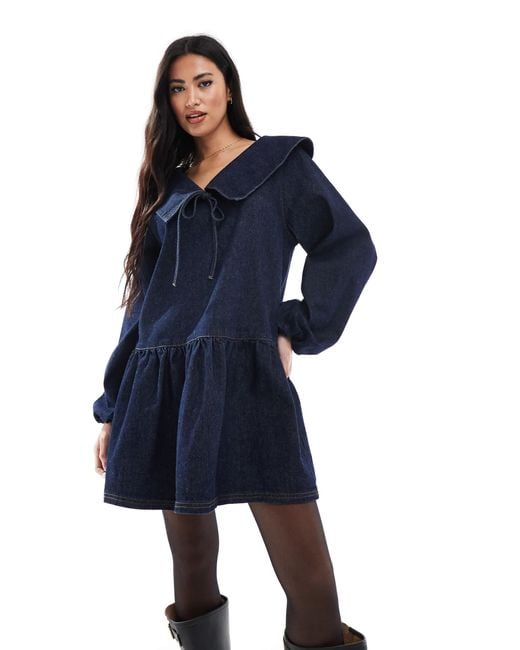 Miss Selfridge Oversized Collar Drop Waist Denim Mini Dress in Blue | Lyst
