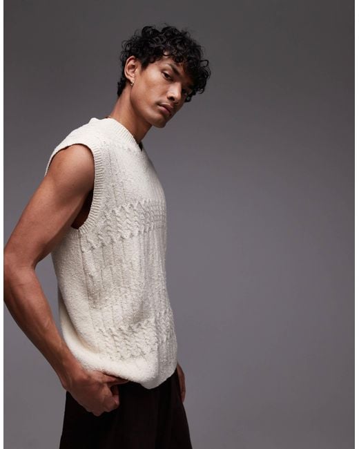 TOPMAN Relaxed Fit Knitted Cable Tank Top in Gray for Men | Lyst
