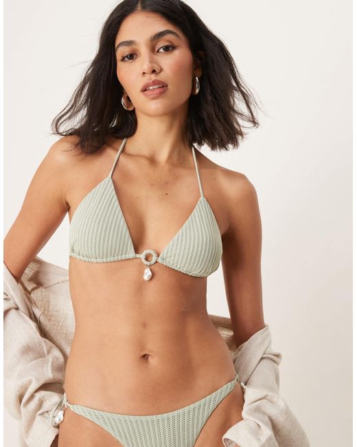 ASOS Kai Textured High Apex Triangle Bikini Top With Pearl Trim in Natural | Lyst