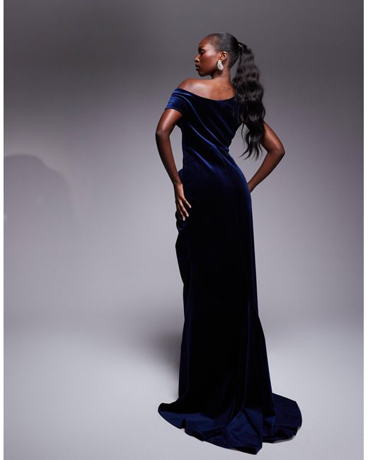 ASOS Velvet Premium Fallen Shoulder Drape Maxi Dress in Blue | Lyst