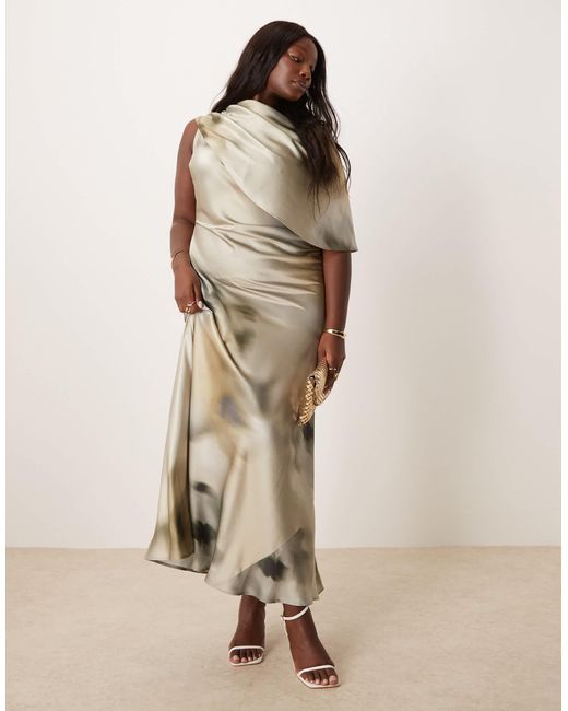 ASOS Asos Design Curve Satin Maxi Dress With Slashed Neck Cape Detail in Natural | Lyst