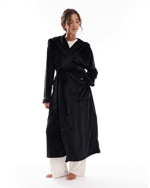 Loungeable Ladies Hooded Robe Ribbon Trim Luxury Fleece Hooded Maxi ...