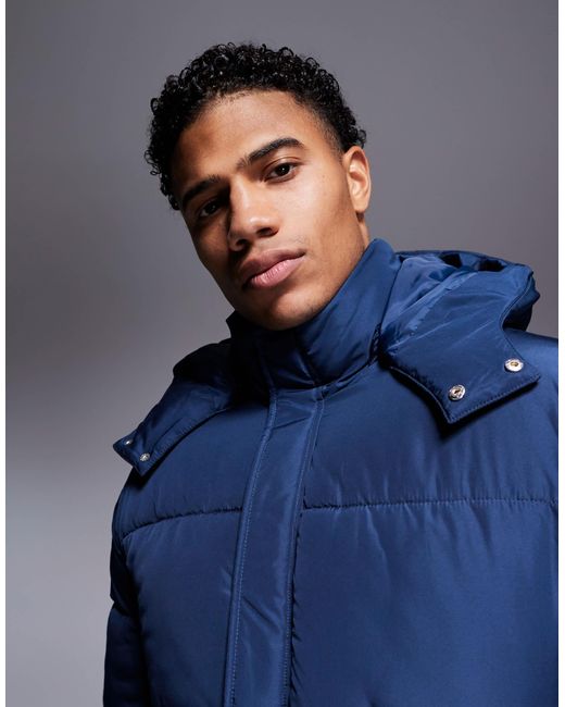ASOS Puffer Jacket With Detachable Hood in Blue for Men | Lyst