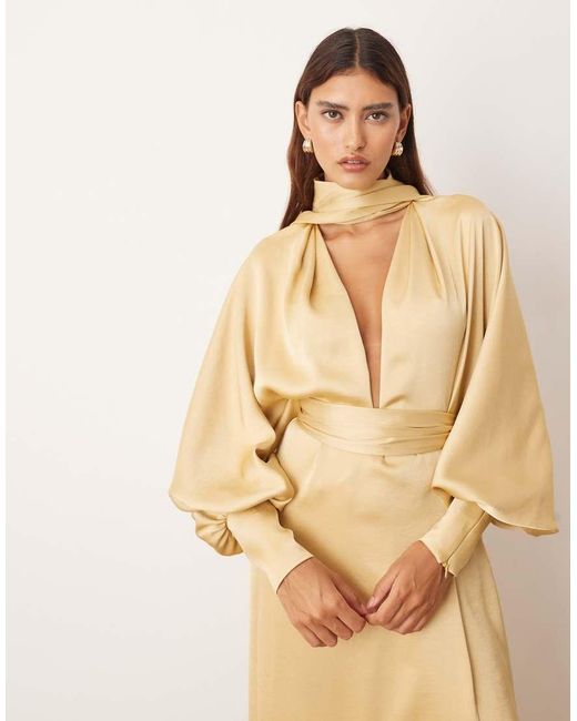 ARRANGE Scarf Neck Blouson Sleeve Column Maxi Wrap Dress in Natural ...