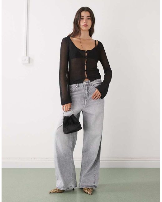 Monki Sheer Slim Fit Button Front Cardigan in Black | Lyst UK