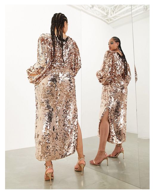 Asos Curve Batwing Sleeve Sequin Wrap Midi Dress In Natural Lyst