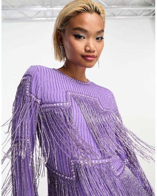 Asos Embellished Shift Mini Dress With Beaded Fringe In Purple Lyst