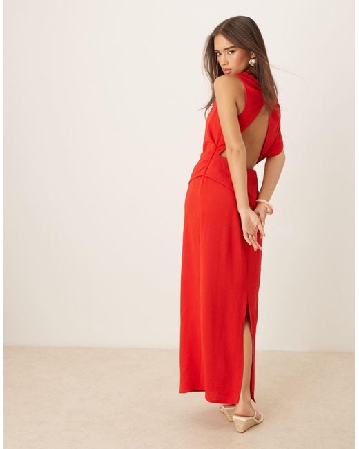 ASOS Asymmetric Twist Back Midi Dress in Red | Lyst