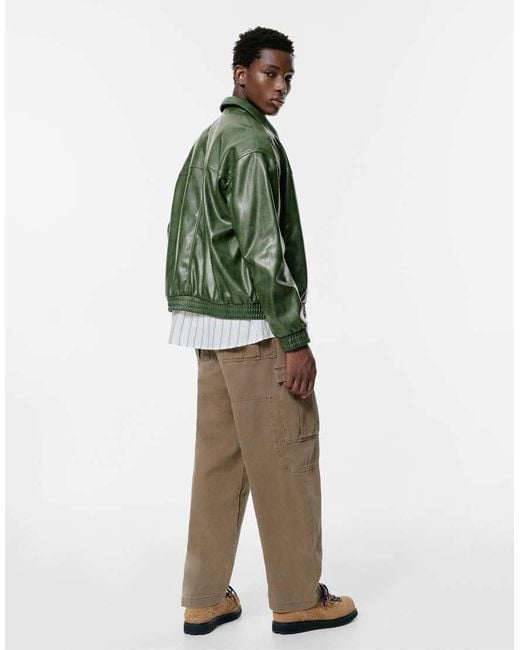 Pull&Bear Leather Effect Jacket in Green for Men | Lyst UK