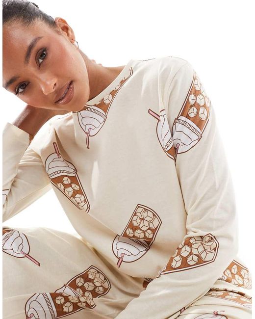 ASOS Iced Coffee Long Sleeve Top And Trouser Pyjama Set in White | Lyst UK