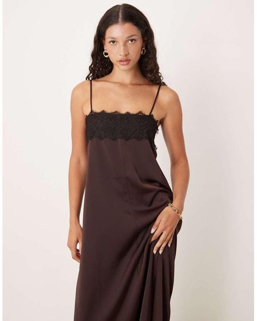 ASOS Lace Overlay Cami Satin Slip Maxi Dress in Brown | Lyst UK