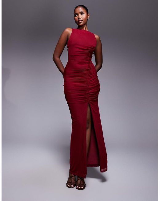 ASOS Strappy Back Ruched Mesh Maxi Dress in Red | Lyst UK