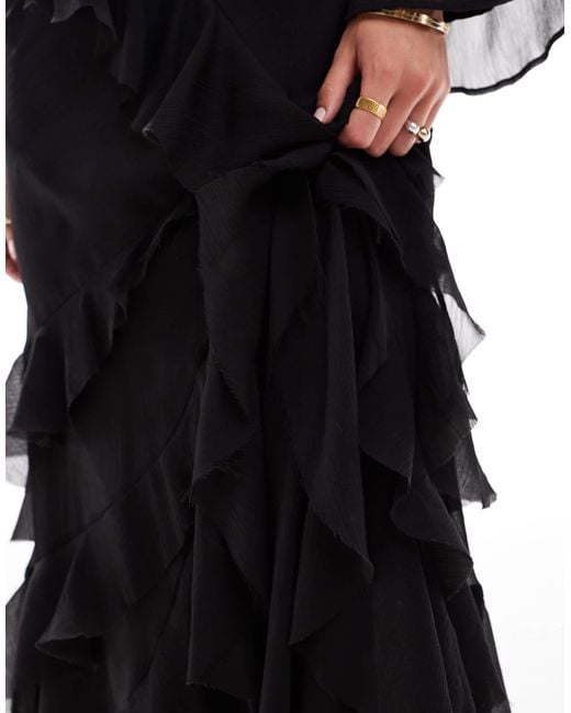 ASOS Fluted Long Sleeve Extreme Ruffle Maxi Dress in Black | Lyst